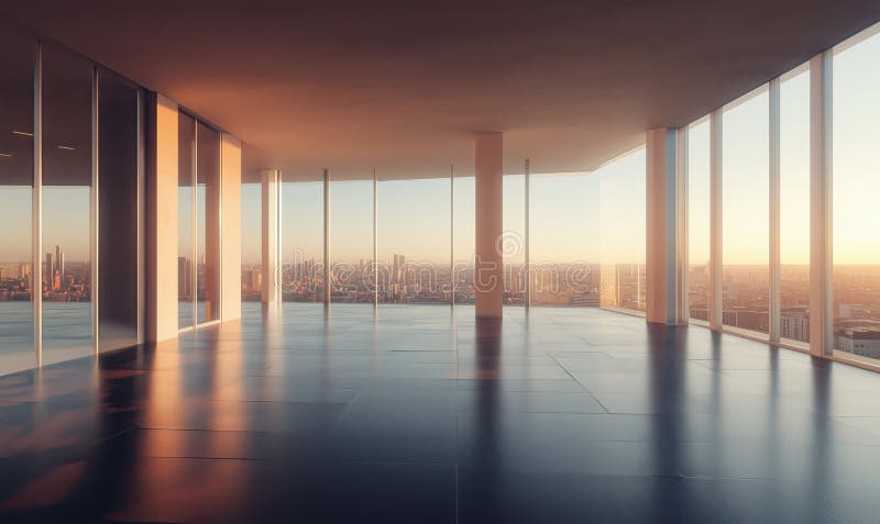 Modern Empty Office Space with Panoramic City View at Sunset Stock ...