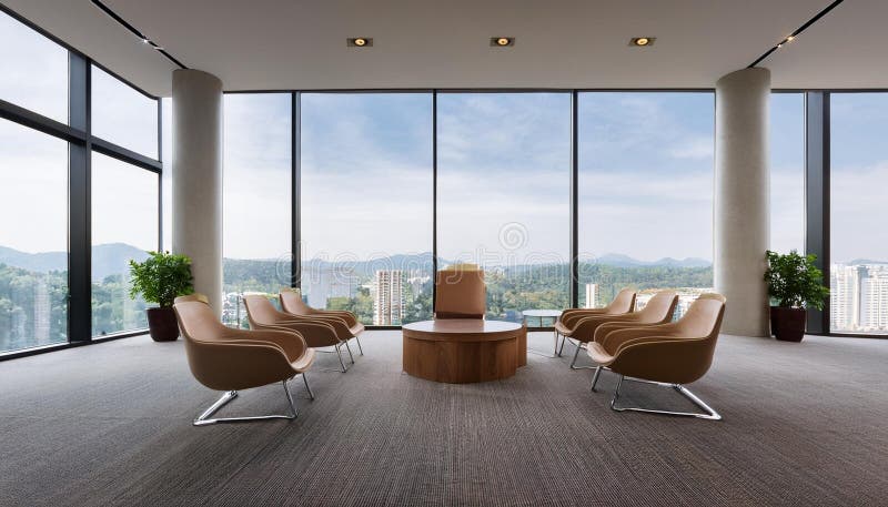 Modern, Empty Office Waiting Area with Chairs and Table Near Large ...