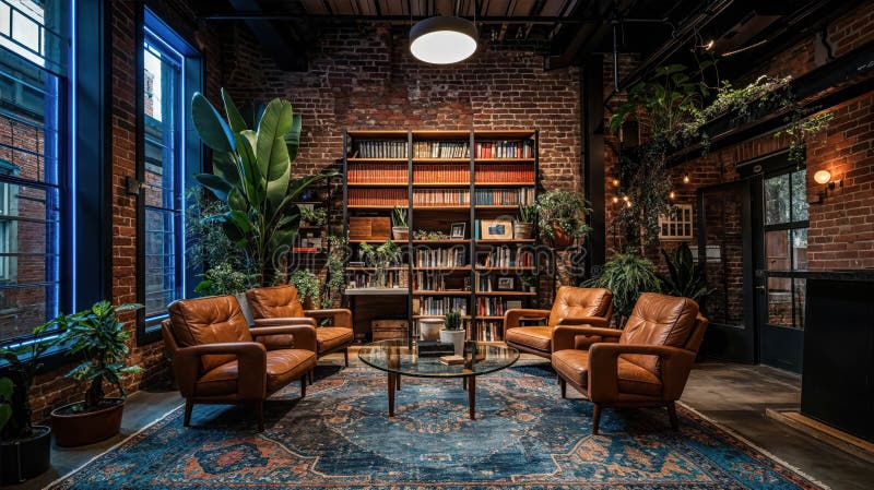 Modern Empty Podcast Studio Room. Classic Book-Lined Podcast Lounge ...