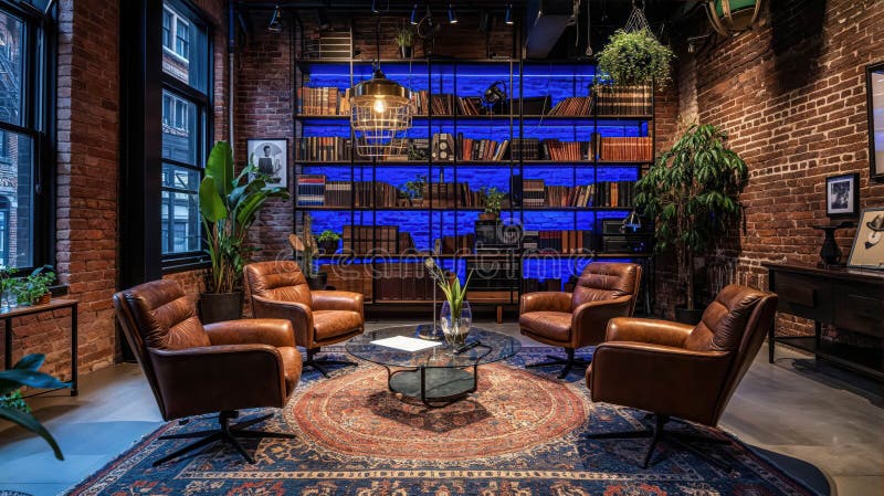 Modern Empty Podcast Studio Room. Classic Book-Lined Podcast Lounge ...