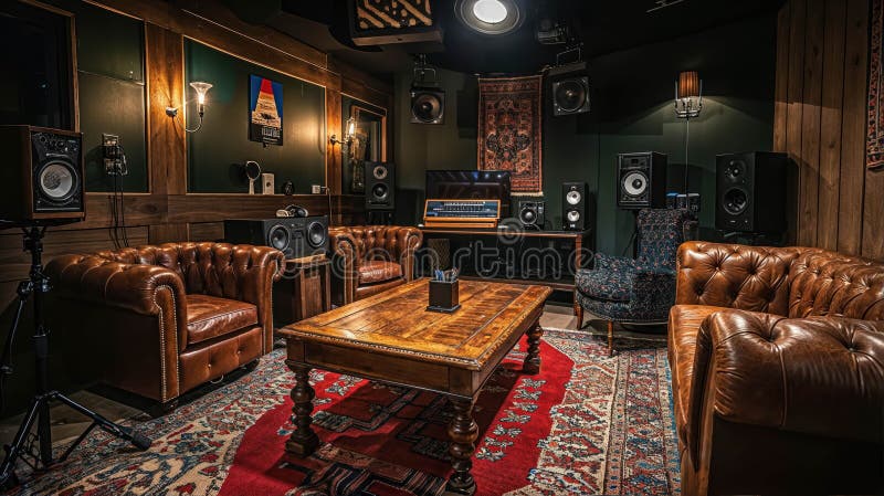 Modern Empty Podcast Studio Room. Classic Book-Lined Podcast Lounge ...