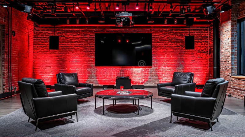 Modern Empty Podcast Studio Room. Stylish Red-Hued Interview Space ...