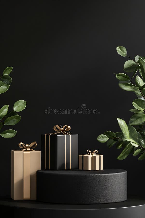 Modern Empty Podium with Present Boxes on Black Background. Template ...