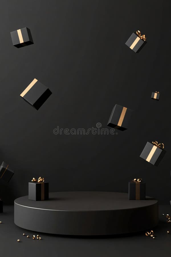 Modern Empty Podium with Present Boxes on Black Background. Template ...