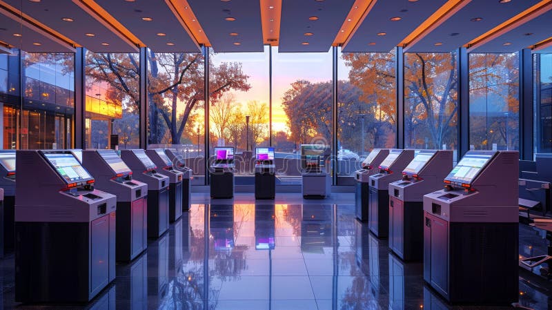 Modern Empty Polling Station with Electronic Voting Booths at Dusk ...