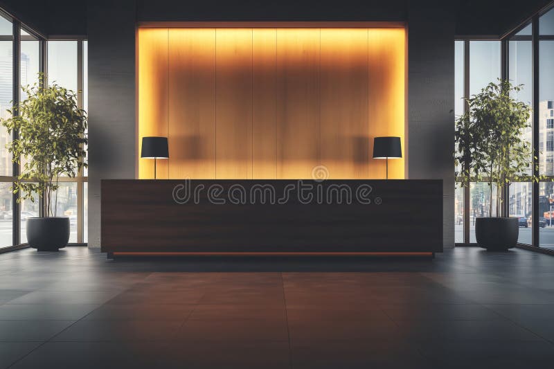 Modern Empty Reception Desk with Copy Space on Backlit Wall Stock ...