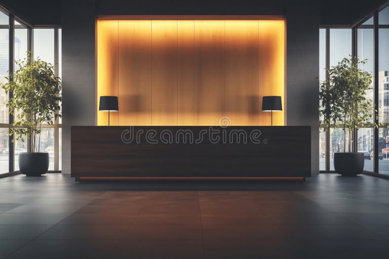 Modern Empty Reception Desk with Copy Space on Backlit Wall Stock ...
