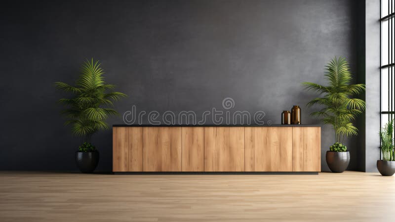 Modern Empty Reception Room with Black and Wooden Features Stock ...