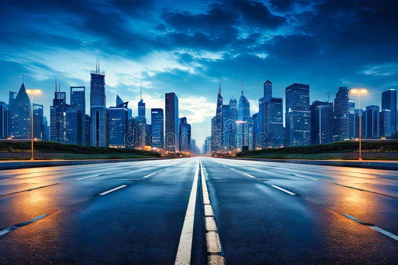 Modern Empty Road at Sunset in a Big City Stock Image - Image of ...