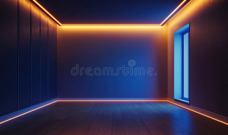 Modern Empty Room Blue Orange Led Lighting Wooden Floor Stock Photos ...