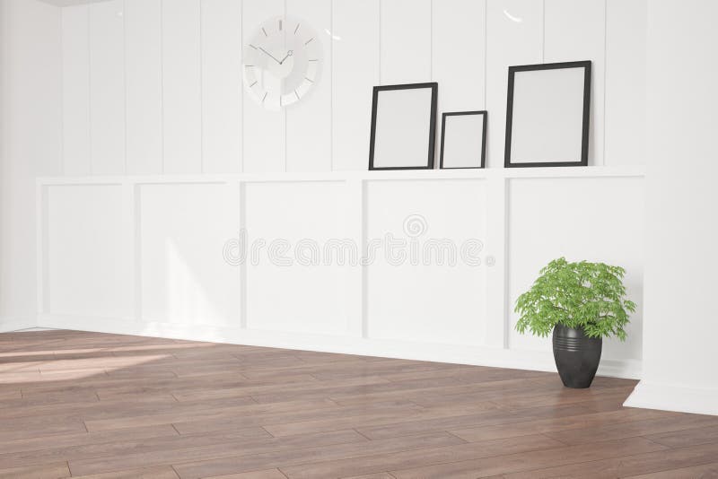 Modern Empty Room with Clock,frames,plant in Black Pot Interior Design ...