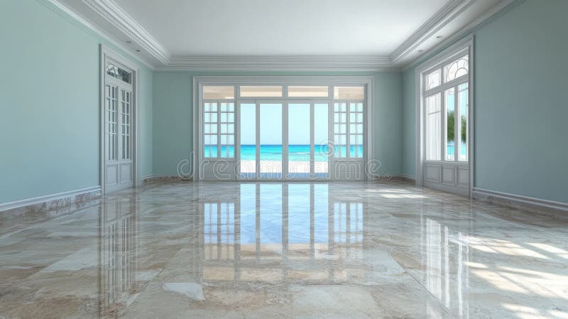 A Modern Empty Room Featuring Large Windows with a Panoramic Ocean View ...