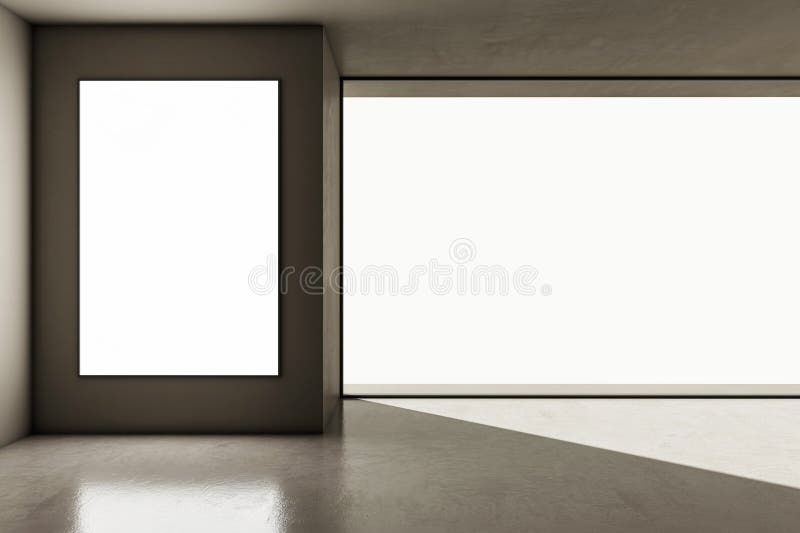 Modern Empty Room with Large Window and Blank Display Screen. 3D ...