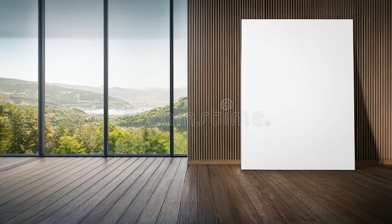 Modern Empty Room with Large Window and Blank Vertical Poster on Wall ...
