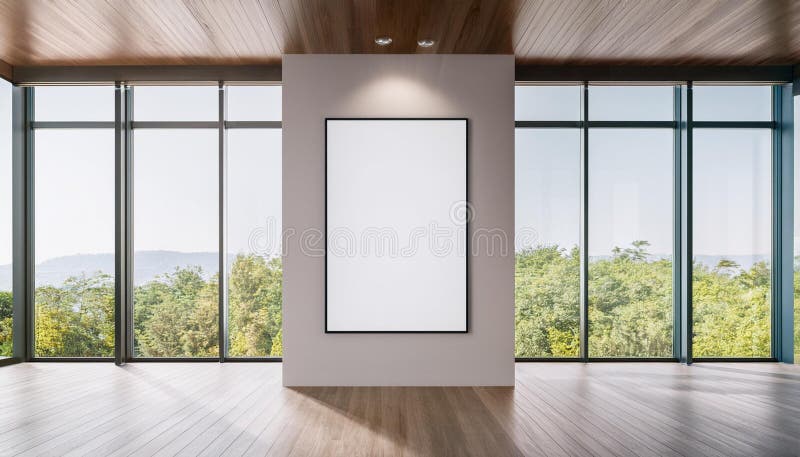 Modern Empty Room with Large Window and Blank Vertical Poster on Wall ...