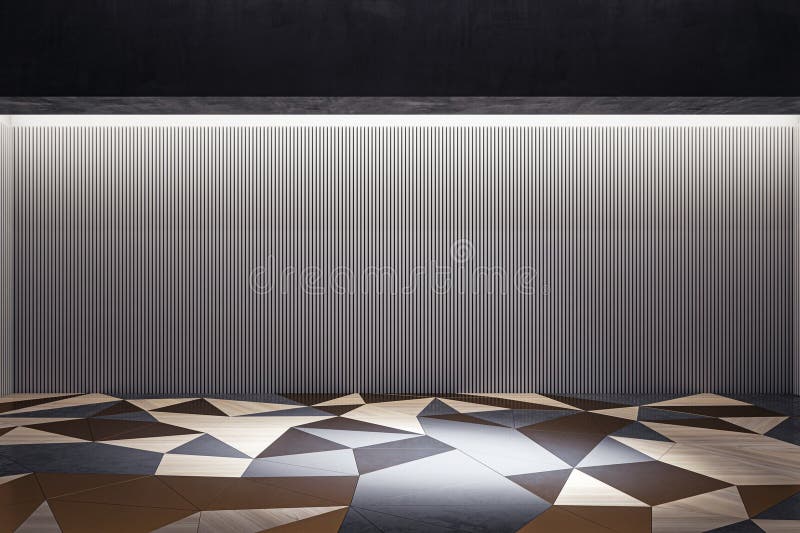 A Modern Empty Room with a Textured Striped Wall and a Patterned Wooden ...