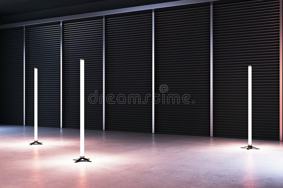 Modern Empty Room with Vertical Light Poles, Black Panel Walls, and ...