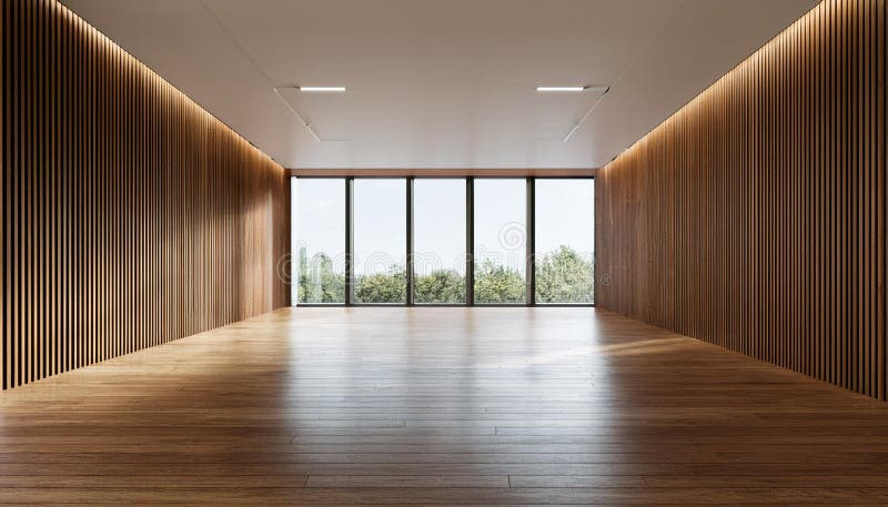 Modern Empty Room with Wooden Panel Walls and Large Windows. 3D ...
