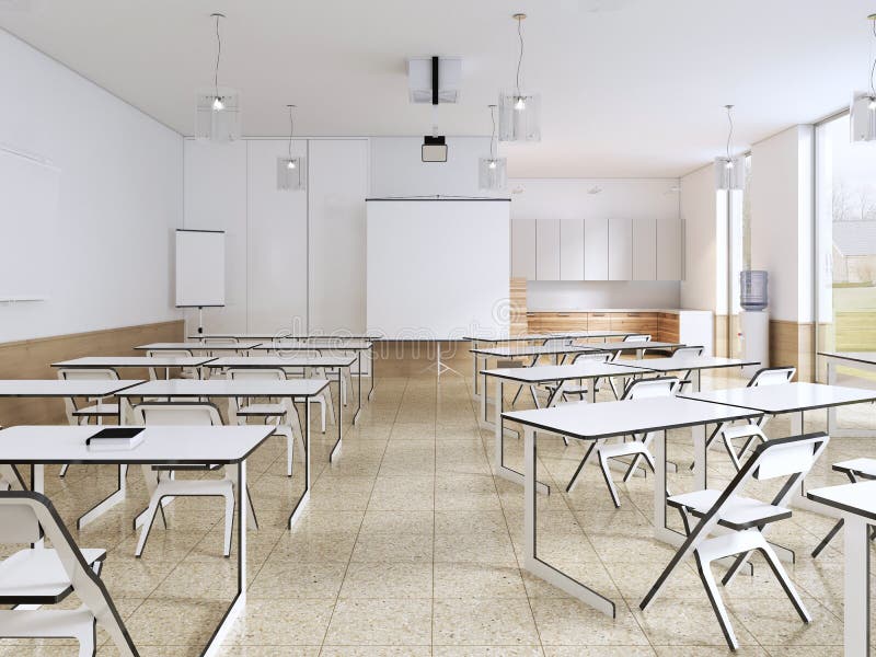 Modern Classroom with Large Panoramic Windows and White Desks, Bright ...