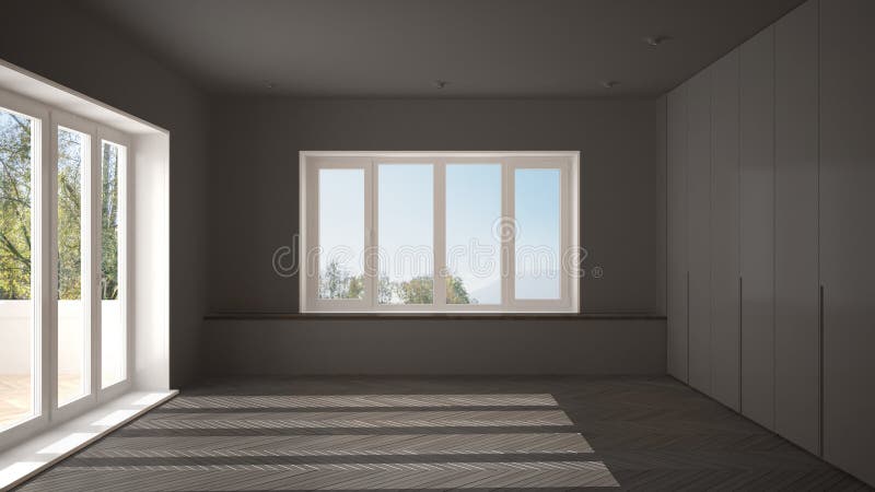 Modern Empty Space with Big Panoramic Windows and Wooden Floor ...
