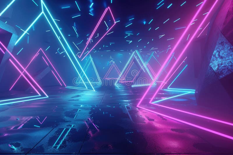 Modern Empty Stage with LED Lights and Dynamic Neon Triangles. Provide ...