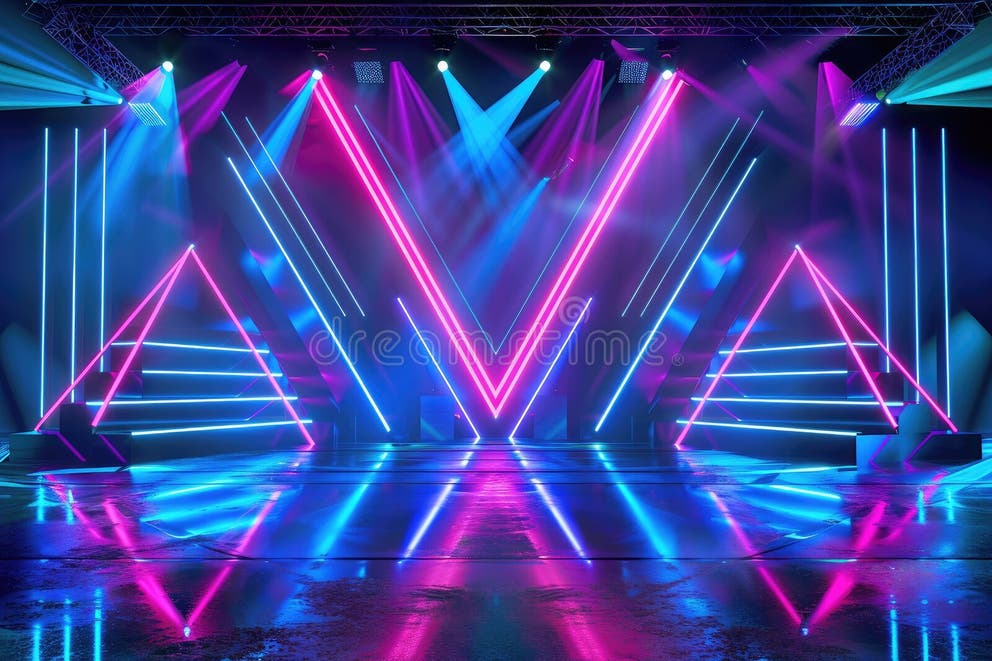 Modern Empty Stage with LED Lights and Dynamic Neon Triangles. Provide ...