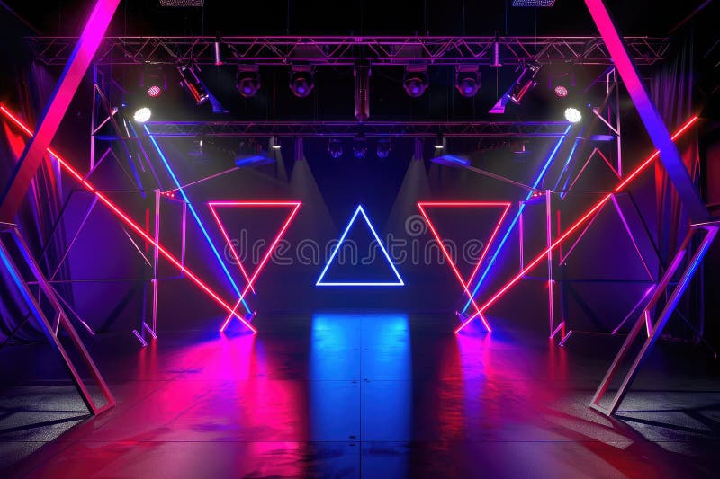 Modern Empty Stage with LED Lights and Dynamic Neon Triangles. Provide ...
