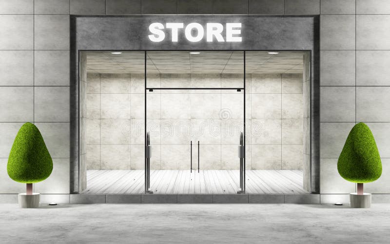 Modern Empty Store Front with Big Windows at Night. Stock Illustration ...