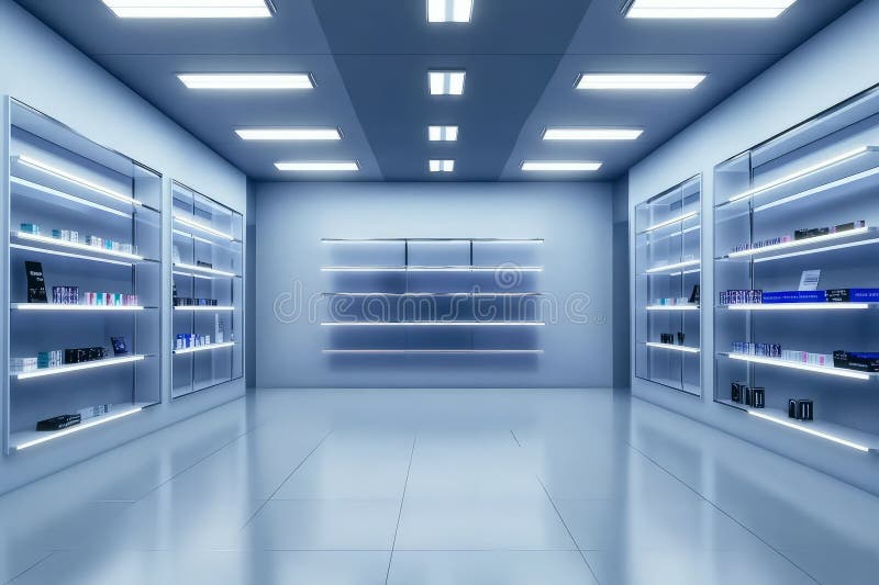 Modern Empty Store Illuminated by LED Lamps, Featuring Sleek Shelves ...