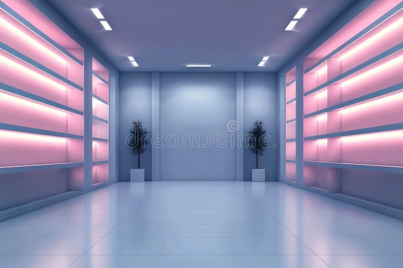 Modern Empty Store Interior with Illuminated Shelves and Plants Stock ...