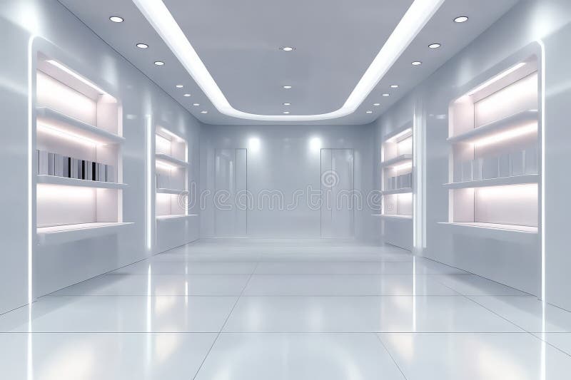Modern, Empty Store Interior with Illuminated Shelves and Sleek Design ...