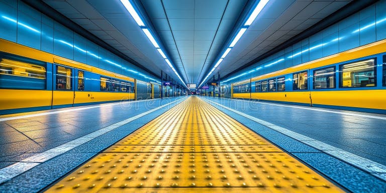 Modern, Empty Subway Platform with Illuminated Overhead Lights and a ...