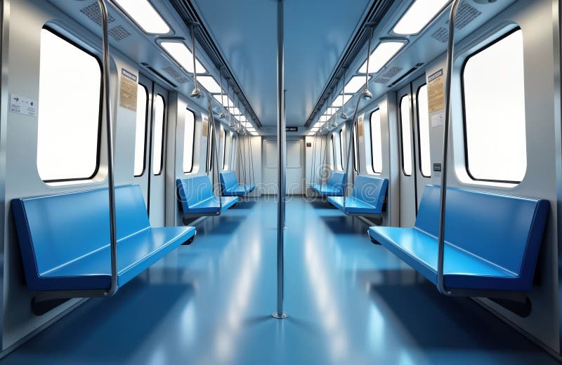Modern Empty Subway Train Interior. Blue Seats Aligned Along Train ...