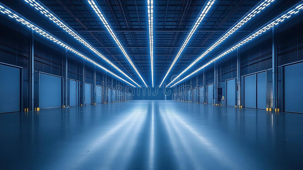 Modern Empty Warehouse with Futuristic Lighting and Open Bays Stock ...