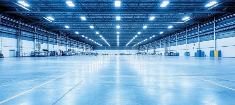 Modern Empty Warehouse Interior with Concrete Floor, White Walls, and ...