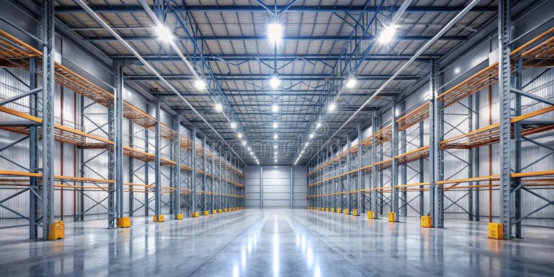 Modern Empty Warehouse Interior with High Ceilings and Metal Shelving ...