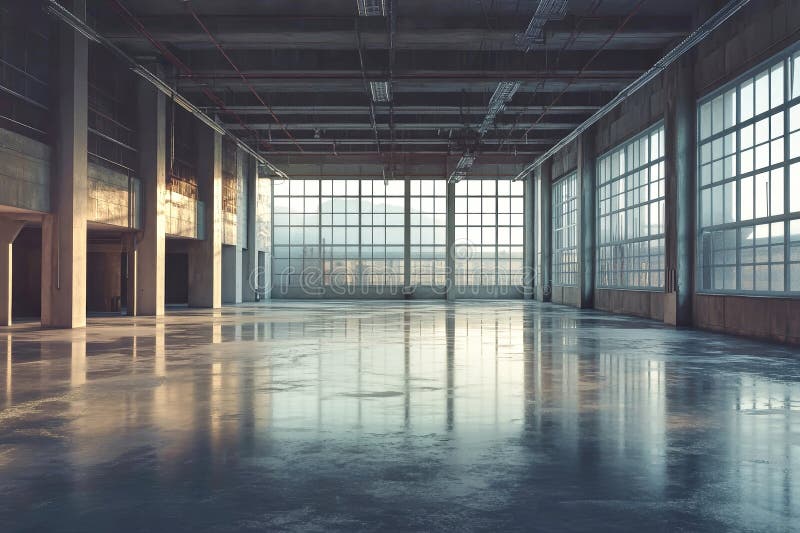 Modern Empty Warehouse with Large Windows and Polished Concrete Floor ...
