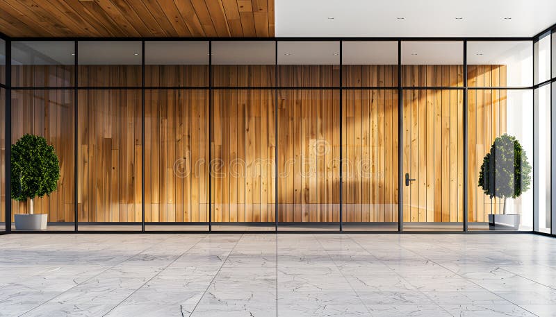 Modern Empty Wooden Office Wall with Right Side Glass Windows No in ...