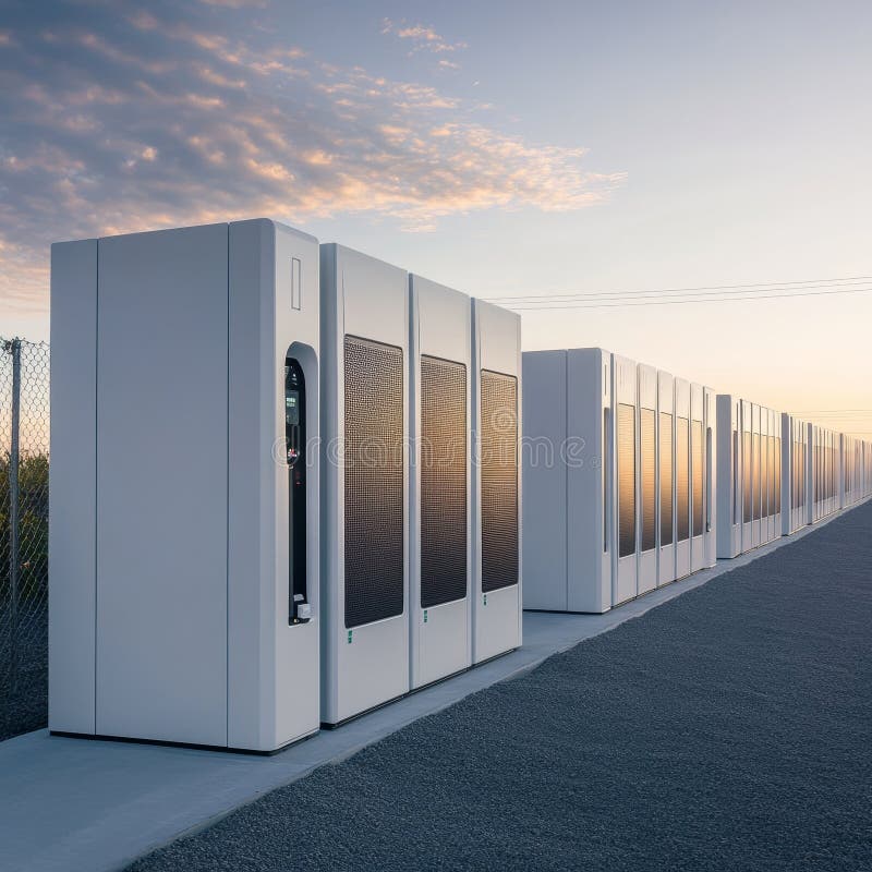 Modern Energy Storage Facility with Battery Containers at Sunset Stock Illustration ...