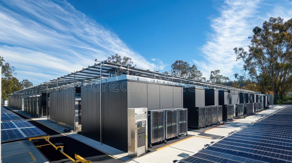 A Modern Energy Storage Facility with Solar Panels and Battery Units Stock Illustration ...