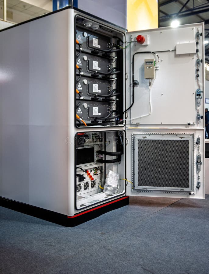 Modern Energy Storage System with Open Cabinet Revealing Internal Battery Modules and ...