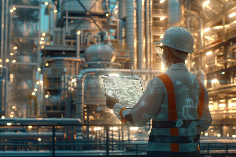 A Modern Engineer Wearing a White Hard Hat, Holding a Tablet, Stands ...