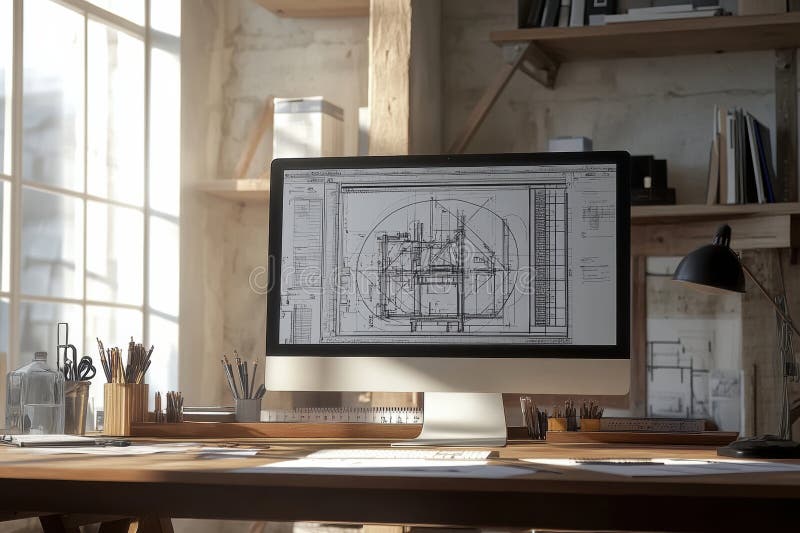 Modern Engineering Desk with Blueprint Display and Ample Copy Space for ...