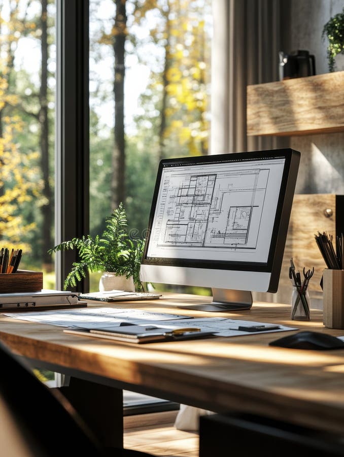 Modern Engineering Desk with Blueprints and Bright Natural Light in a ...