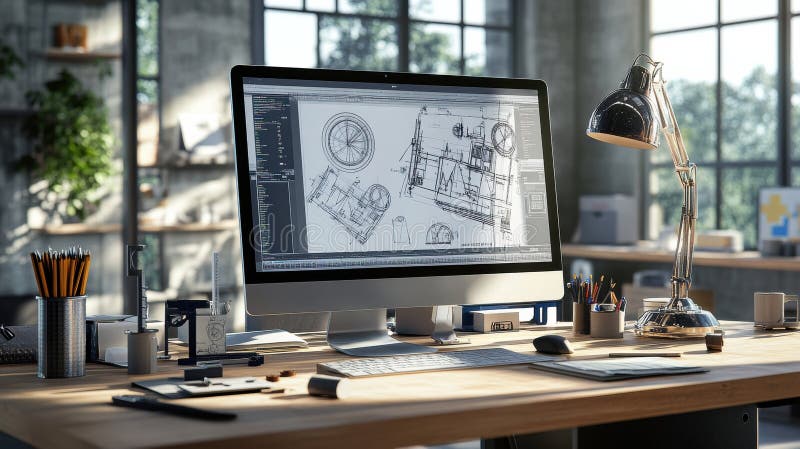 Modern Engineering Desk with Design Plans and Ample Natural Light in a ...