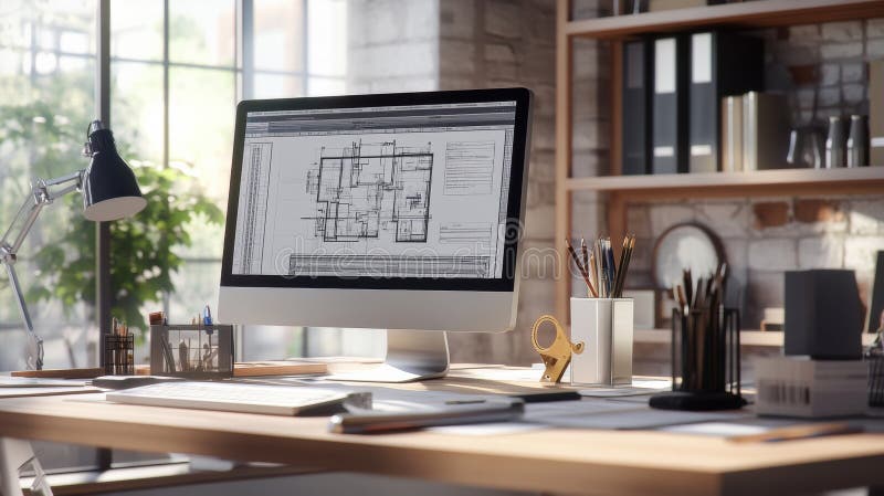 Modern Engineering Desk with Design Plans, Tools, and Ample Copy Space ...