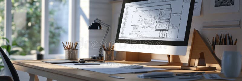 Modern Engineering Desk with Design Plans and Workspace Essentials in a ...