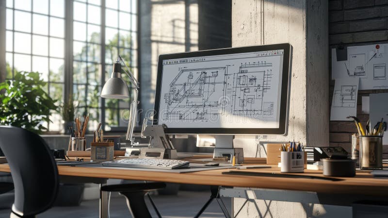 Modern Engineering Desk with Detailed Blueprints and Organized ...