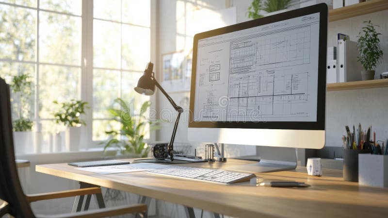 Modern Engineering Desk with Detailed Plans and Ample Natural Light in ...