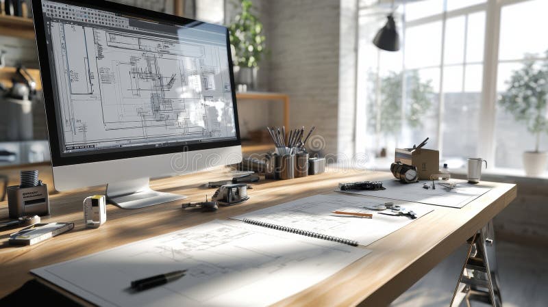 Modern Engineering Desk with Detailed Plans and Tools in a Bright ...